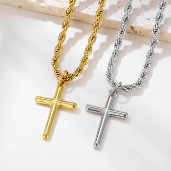Fashion Simple Cross Pendant 18k Gold Plated Stainless Steel Rope Chain ...
