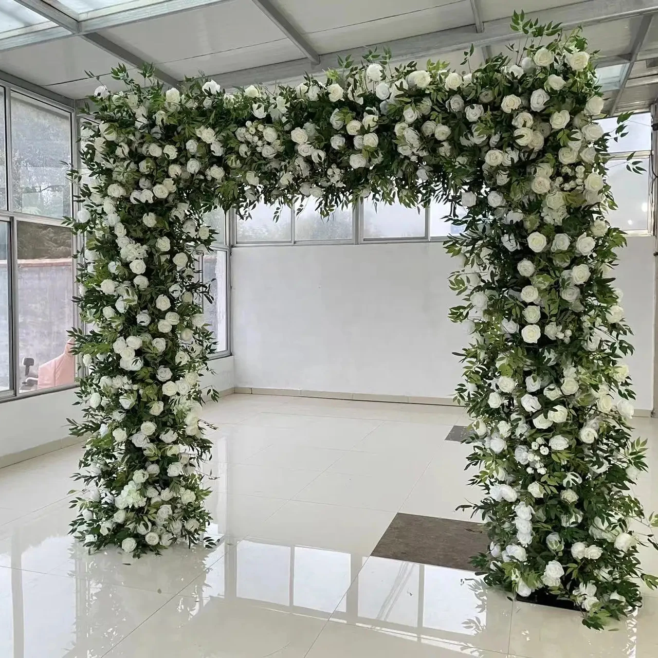 Artificial White And Green Rose Wedding Arch Moongate Flower Metal Arch ...