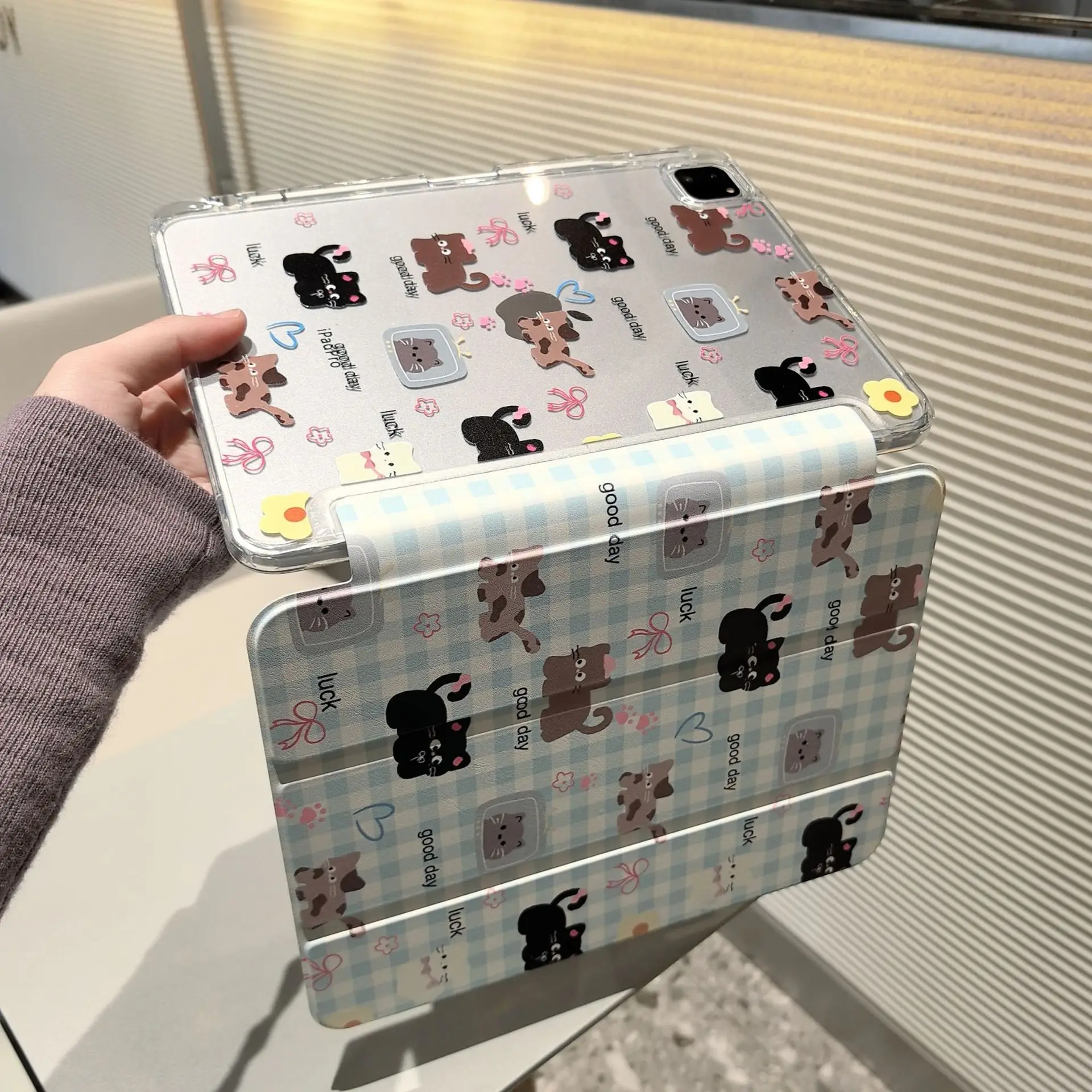 Transparent Acrylic Foldable Cartoon Cute Cat Tablet Case Cover Pen ...