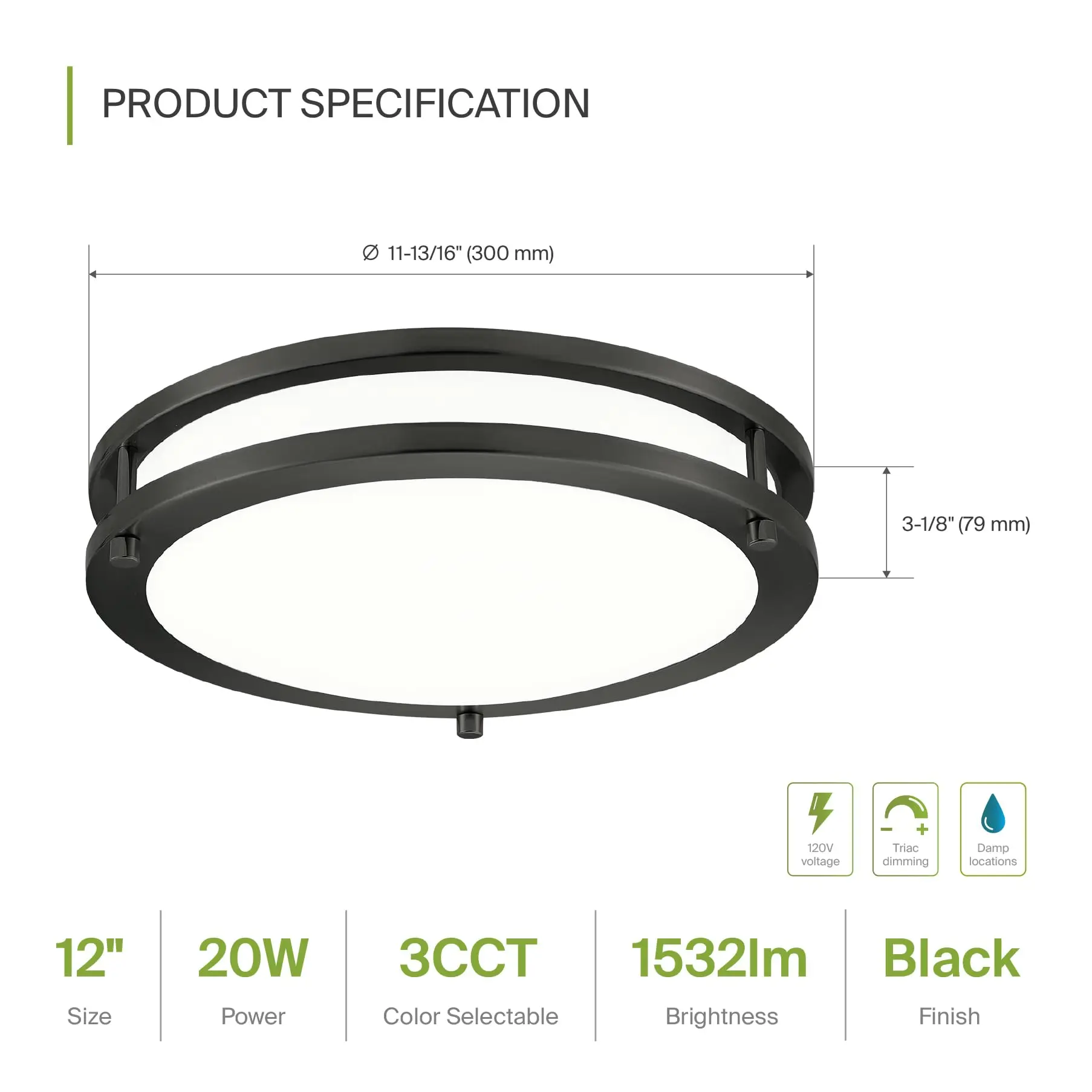 Modern 13-Inch LED Ceiling Light 36W Flush Mount Fixture Black for ...