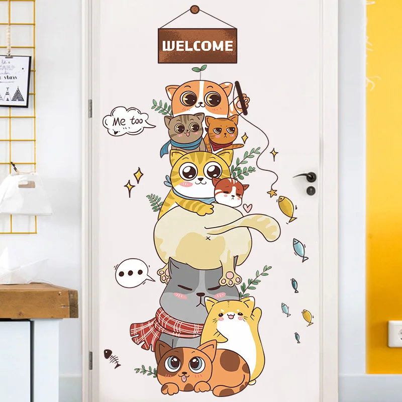 Welcome Door Sticker Cute Cats Fishing Bedroom Nursery Staircase ...