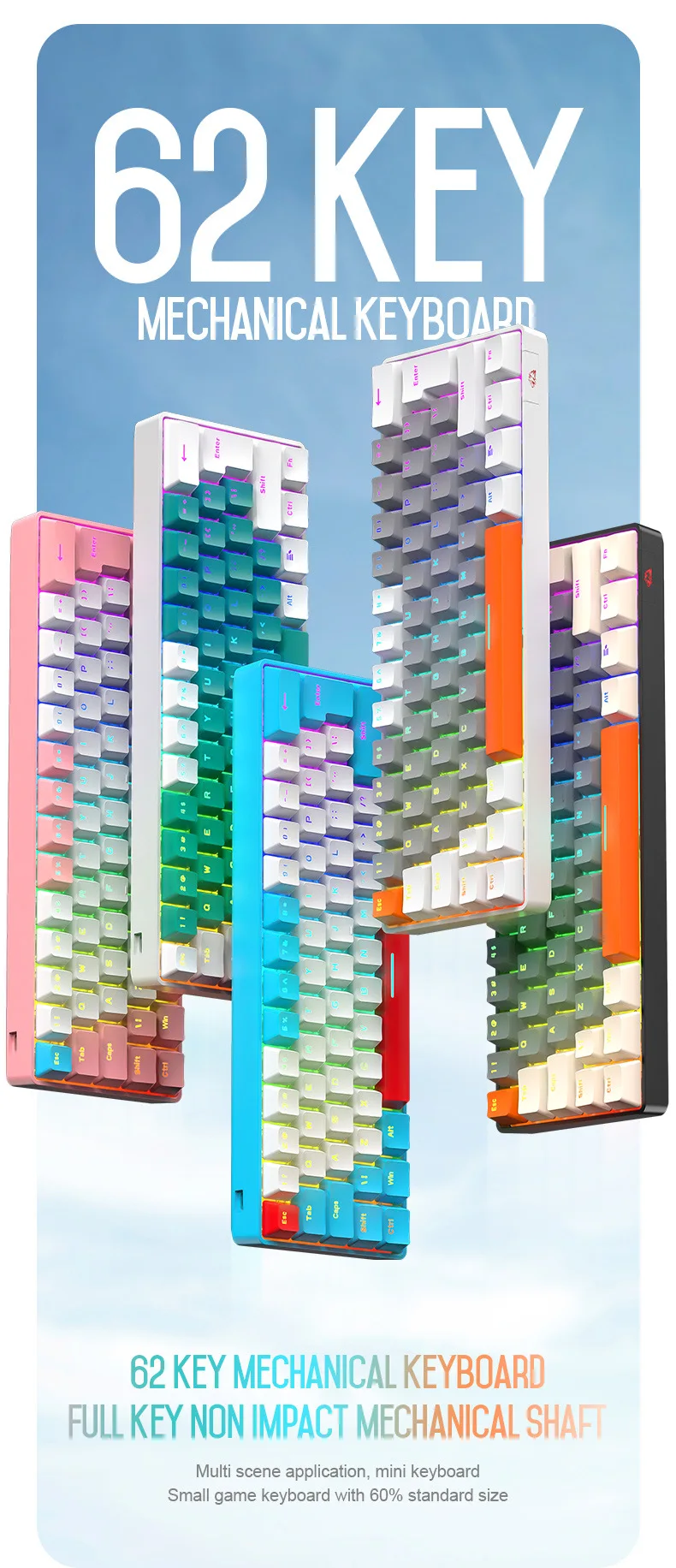 T60 Gaming Mechanical Keyboard - 62 Mix Keys Color Backlight