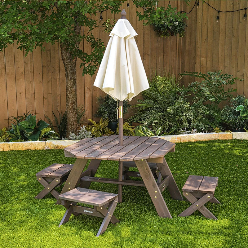 Wooden Octagon Table Stools Umbrella Picnic Chair And Table Set - Buy ...