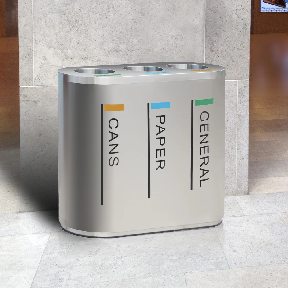 3 Compartments Stainless Steel Trash Recycle Bin for Schools & Offices