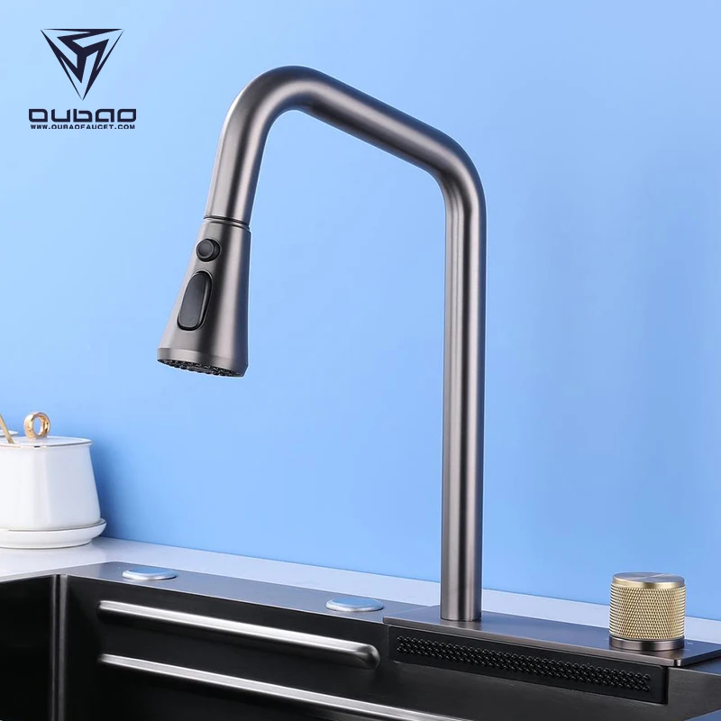 OUBAO Modern Luxury Square Kitchen Faucet Sink Gun Grey Fly Rain Pull ...