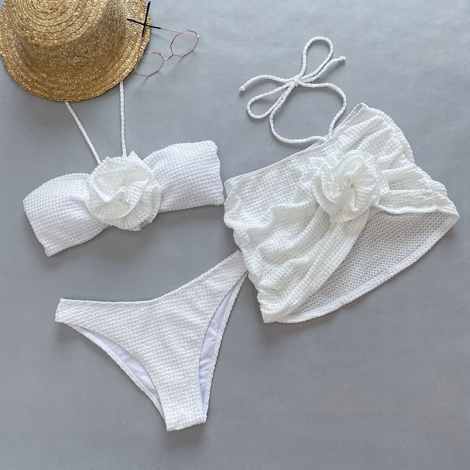 2024 3D Flower 3 Piece Bikini Women Swimsuit Female Swimwear Beachwear ...