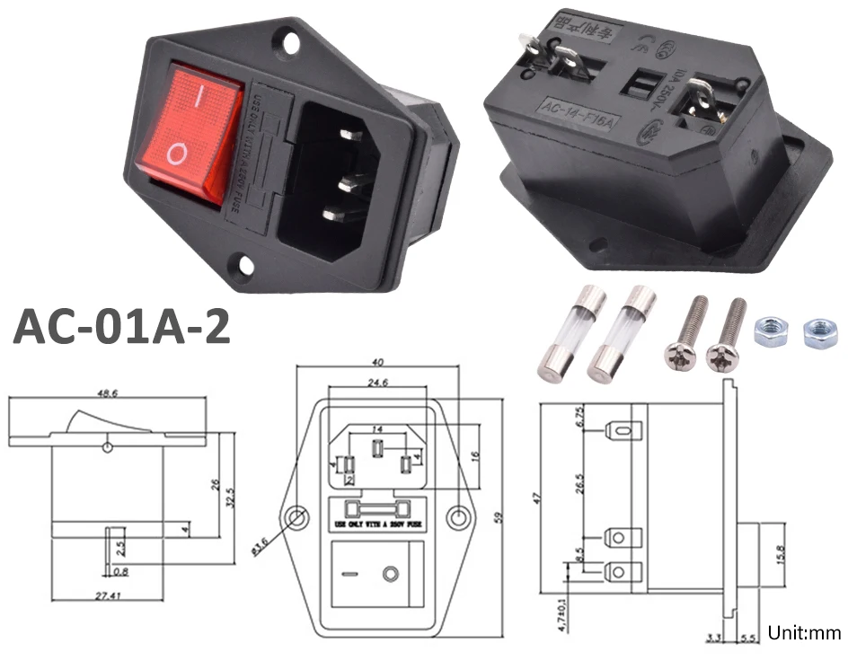 IEC320 3 Pin C13 C14 Rewireable Electrical Panel Mount Switch