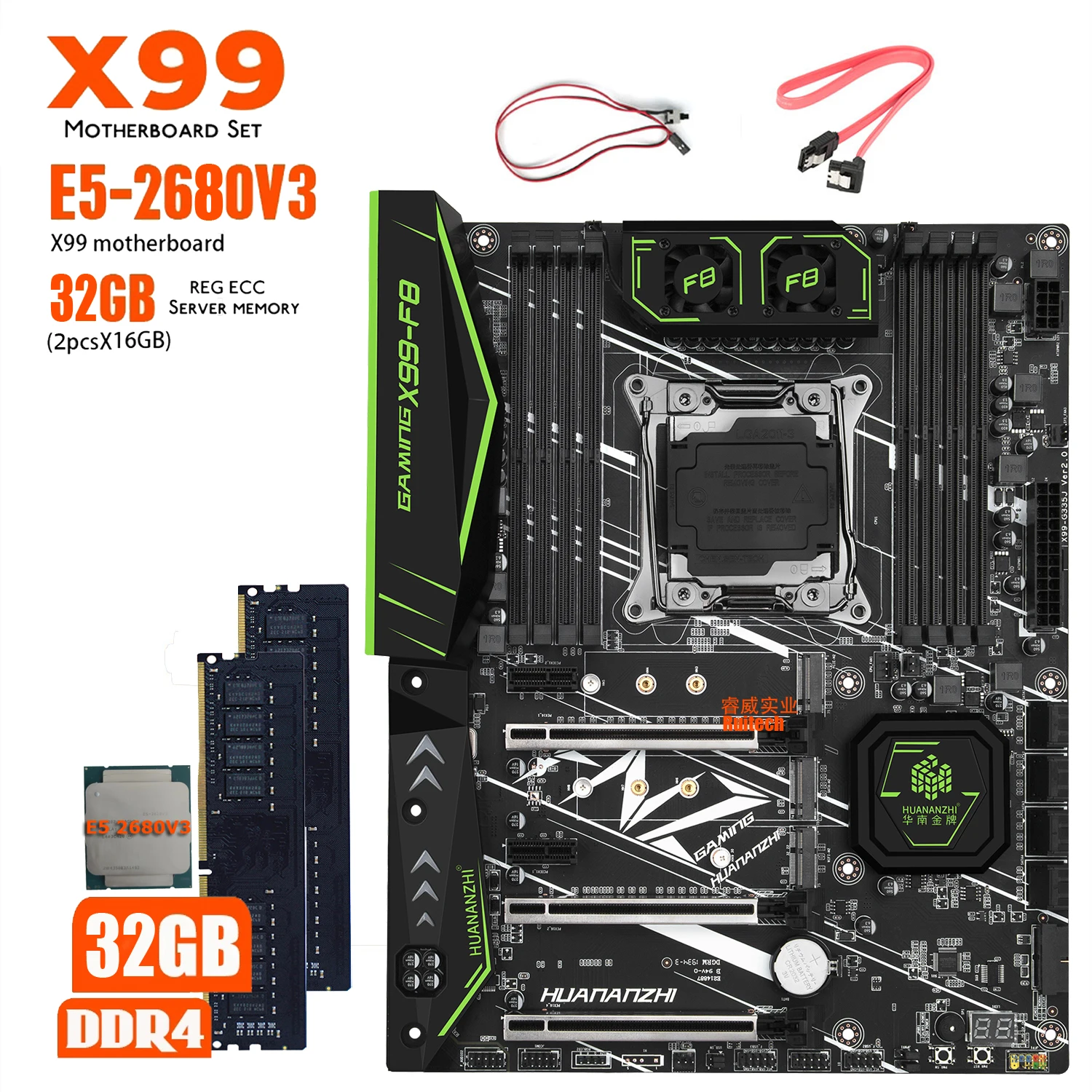 Huananzhi X99 F8 X99 Motherboard With Intel Xeon E5 2680 V3 With 2*16gb = 32gb Ddr4 2133mhz Reg ...