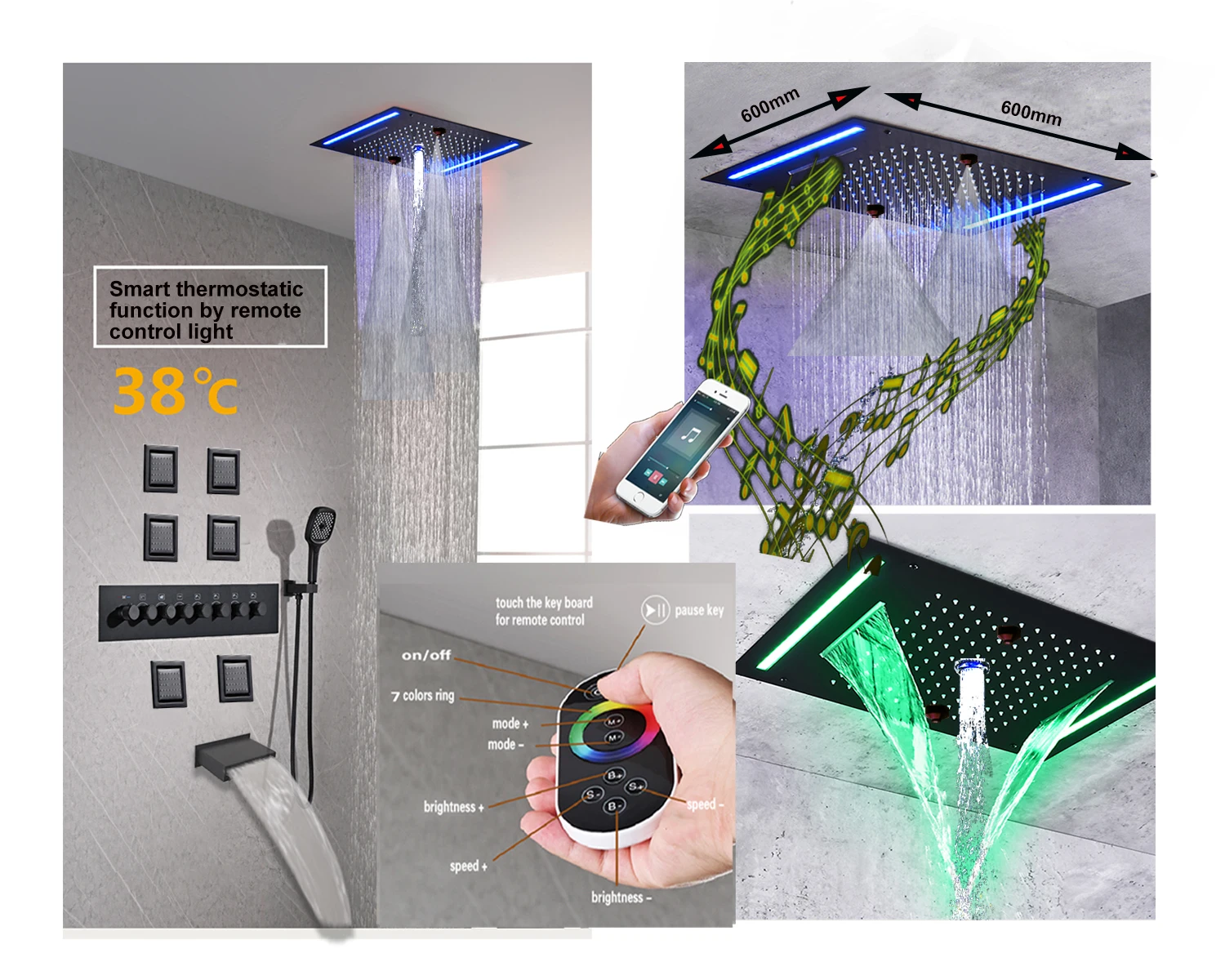 600*600mm 304 Spa Black 6 Body Jet Concealed Embedded Ceiling Remote ...