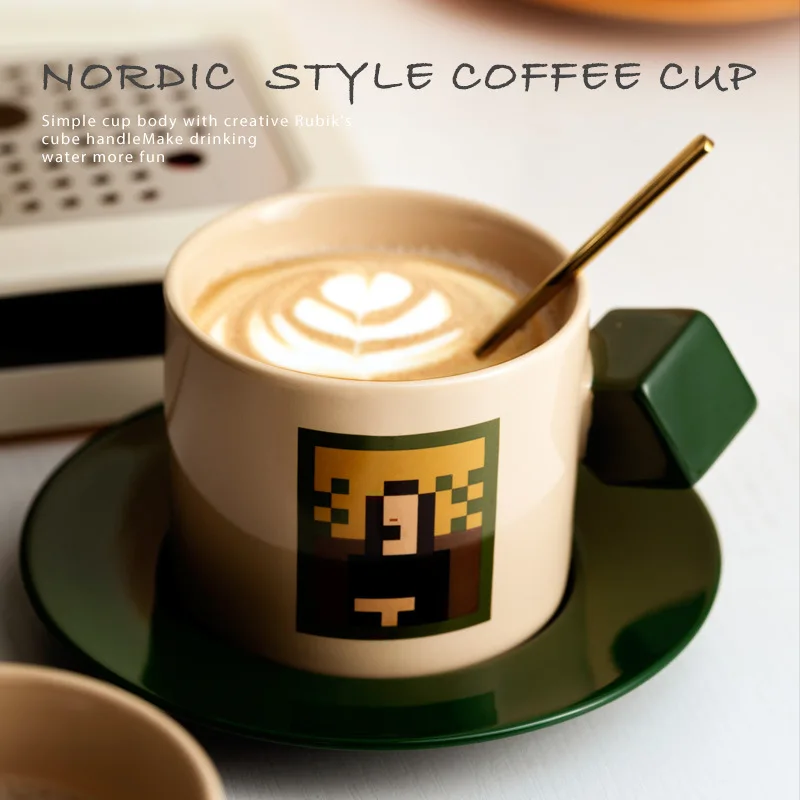 Nordic Ceramic Pixel Art Coffee Cup Set With Saucer And Tray Retro ...