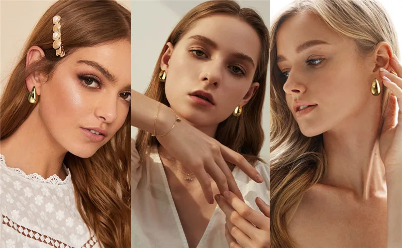 18k Gold Plated Stainless Steel Women Fashion Waterdrop Waterproof Jewelry Hollow Big Large ...