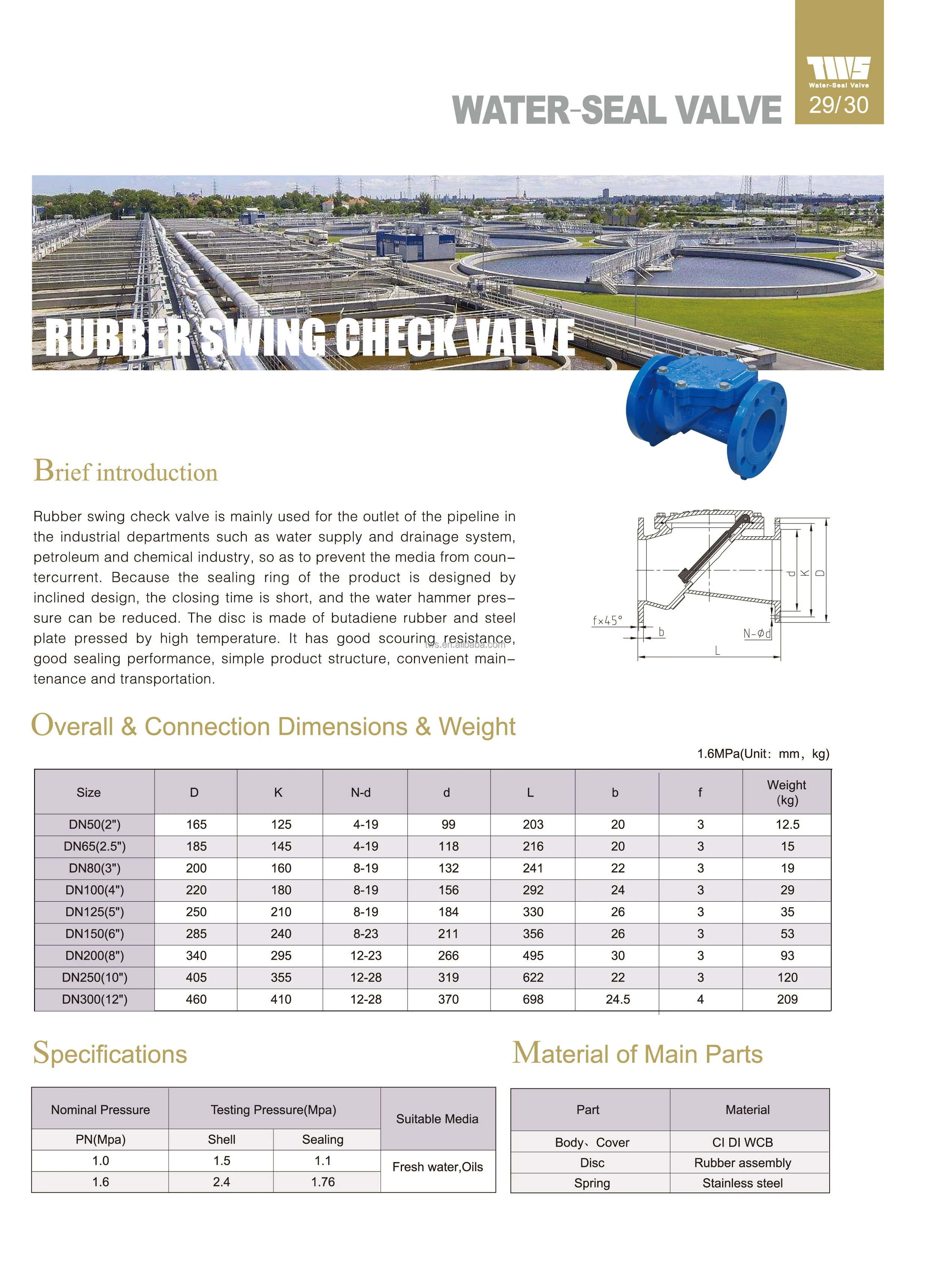 DN100PN10 Double Flange Rubber Seated Swing Check Valve