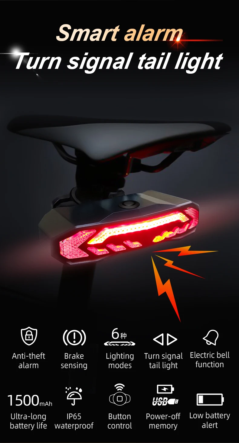 Auto Brake Sensing Waterproof Turn Signal USB Charging Bike Tail Light ...