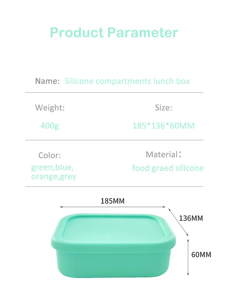 Reusable Portable 3 Compartments Picnic Lunch Box Thick Silicone Food ...