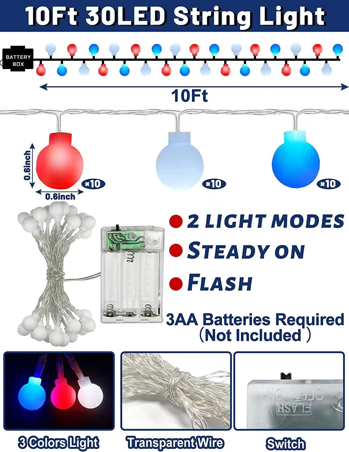 3M Battery-Powered 20 LED American Color Small Ball String Light for ...