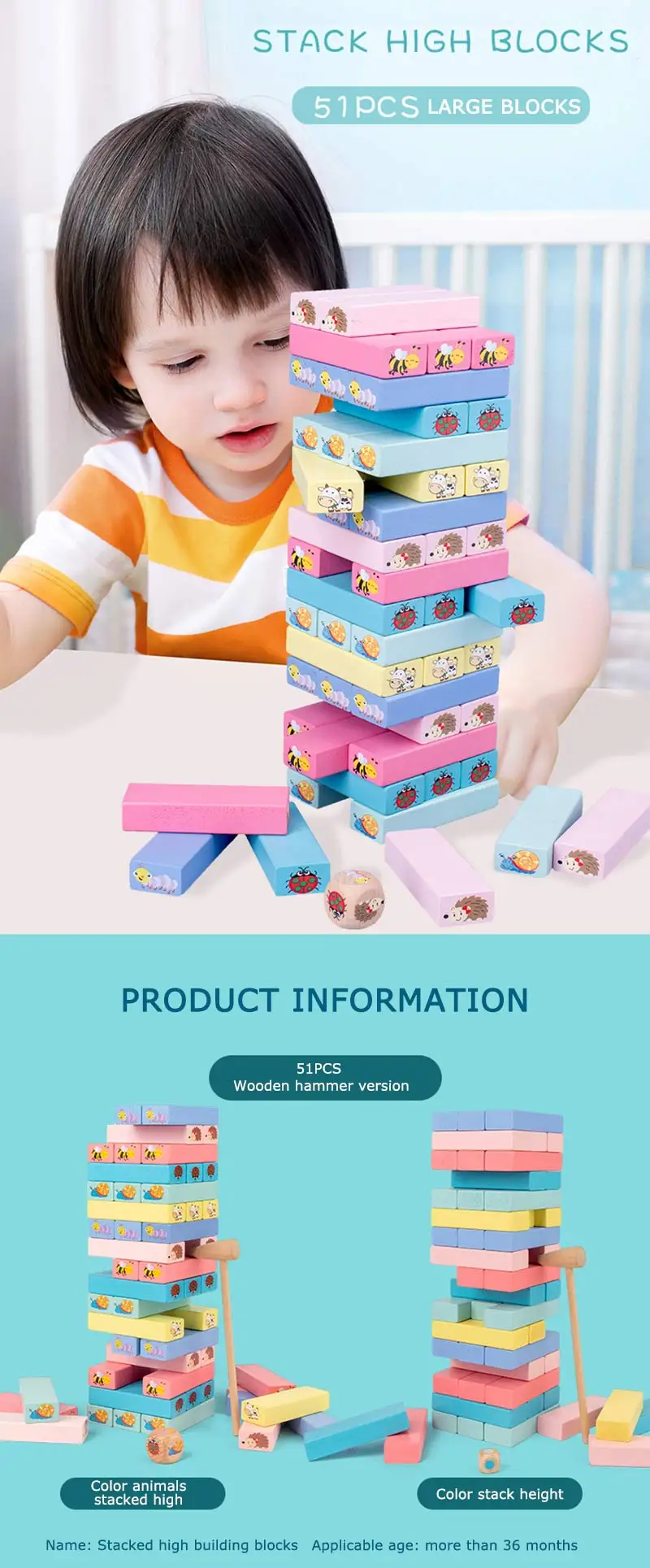 Classic Wooden Blocks Colorful Wooden Toys Tumbling Tower Animal Board ...