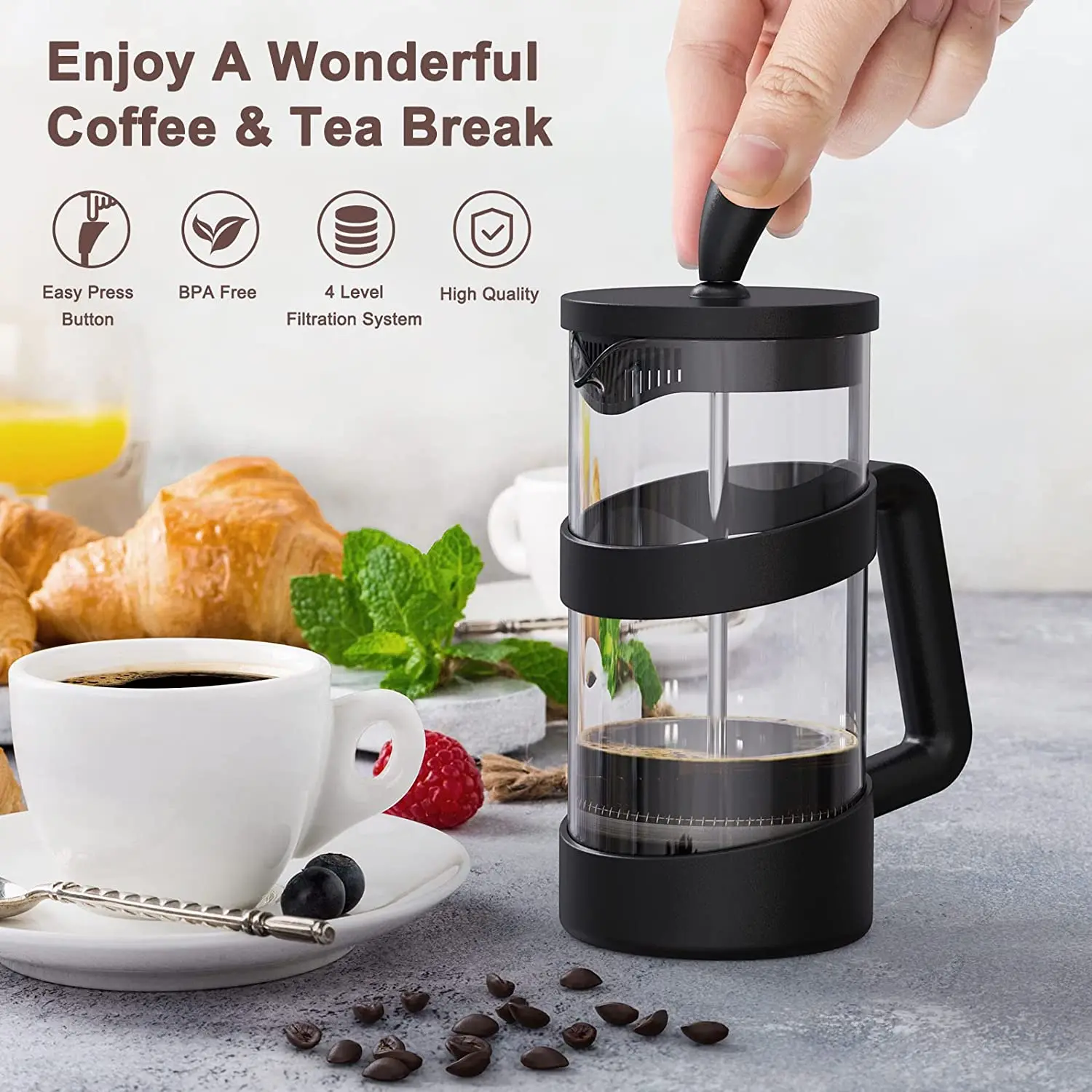 350ml 600ml 1000ml Bamboo Lid Cafetiere Prensa Francesa Stainless Steel ...