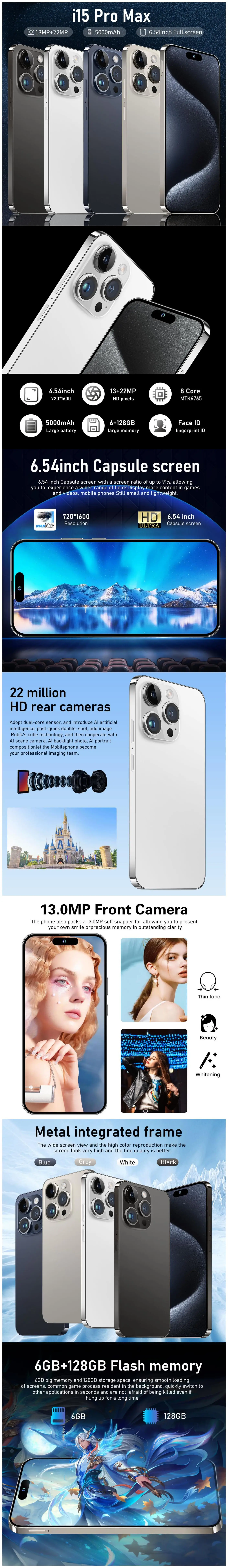 Global Version I15 Pro Max Smart Phone 6.54" Fhd Ips Display 13mp+22mp ...