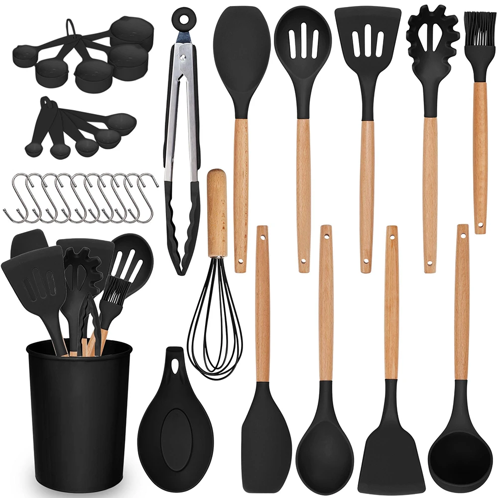 Flywod Kitchen Tools Gadgets Wood Silicone Cooking Utensils Kitchen Set ...