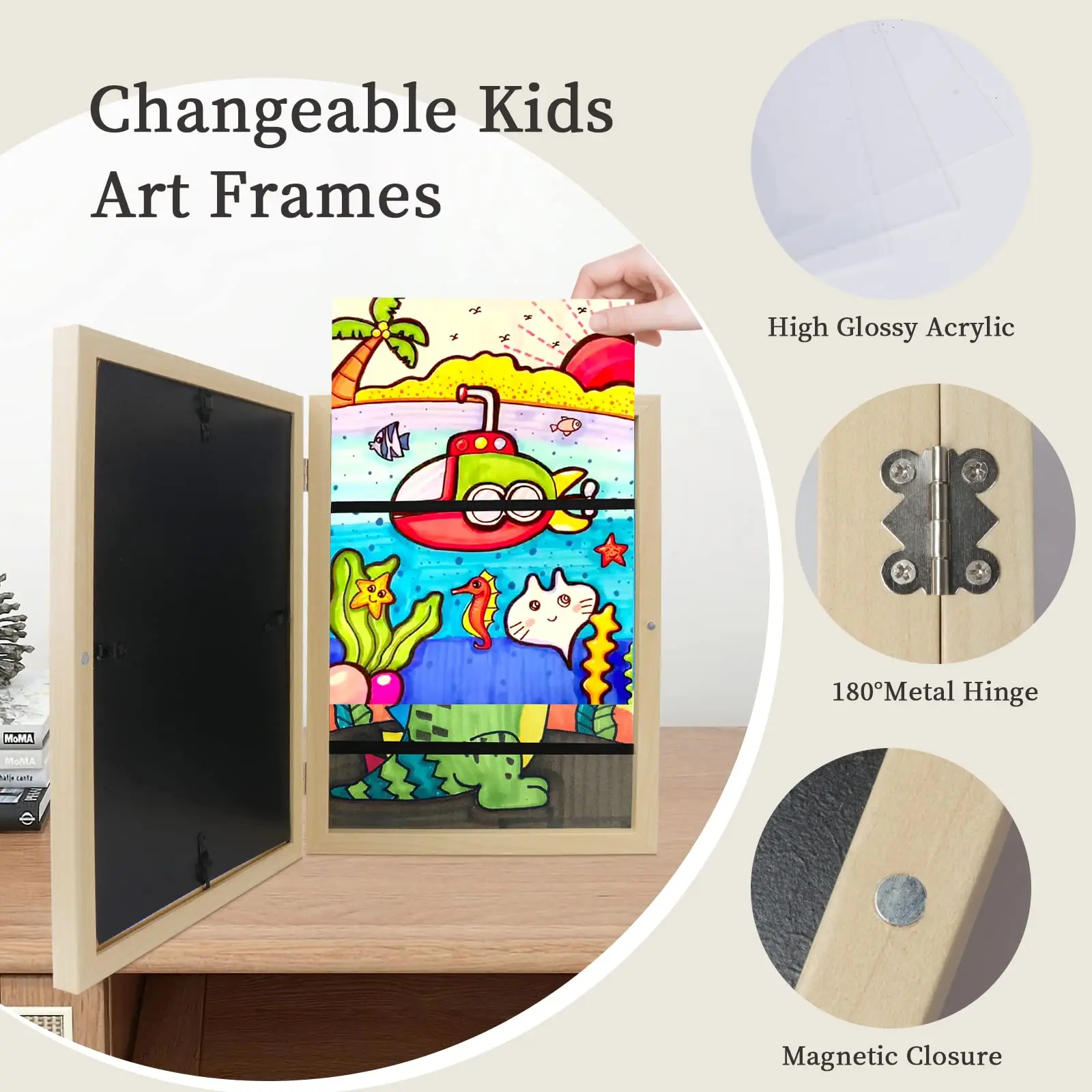 Kids Art Frame,Wooden Front Opening Changeable Children Artwork Display ...