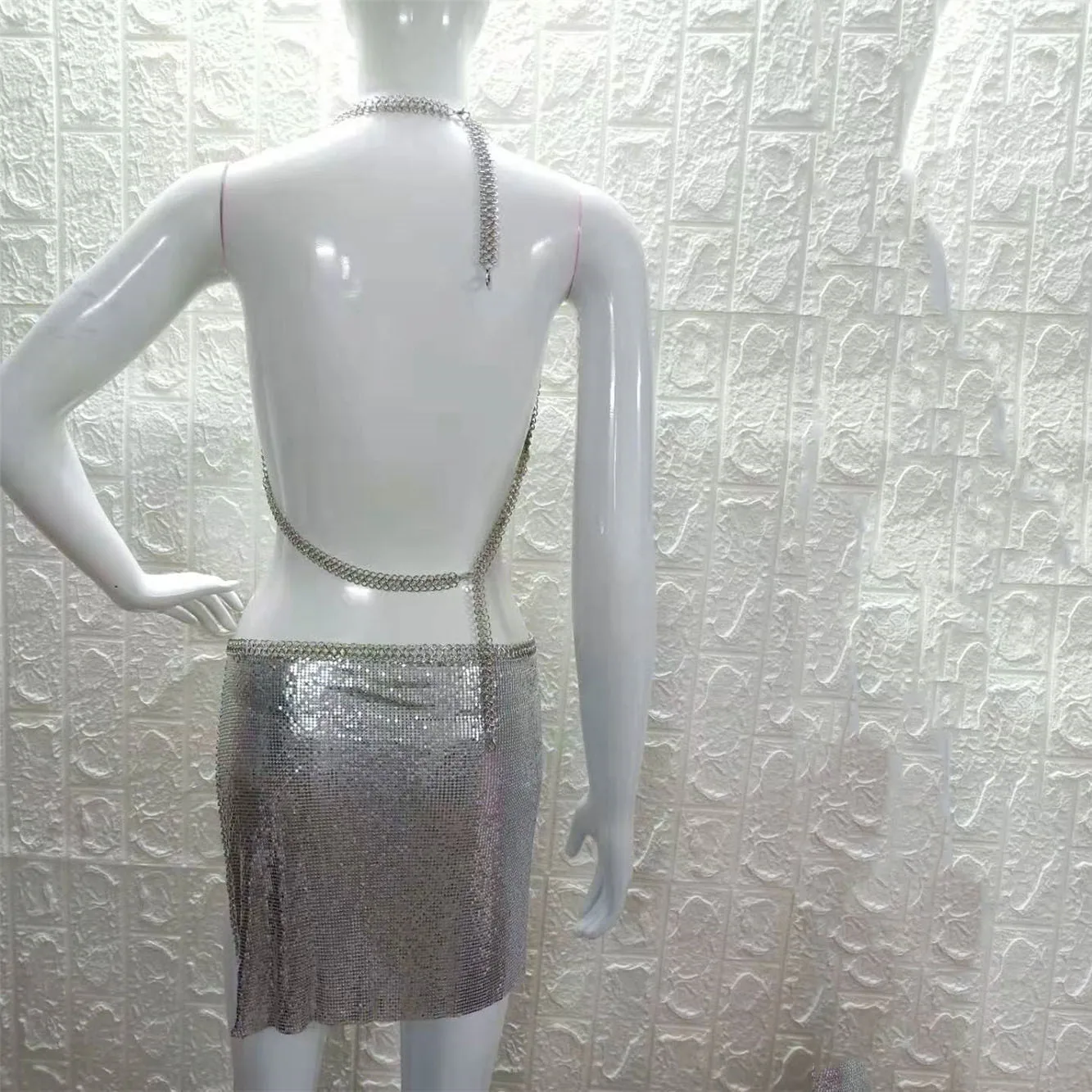 Sexy Women Backless Metal Chains Sequins Low Cut Dress Night Club Party ...