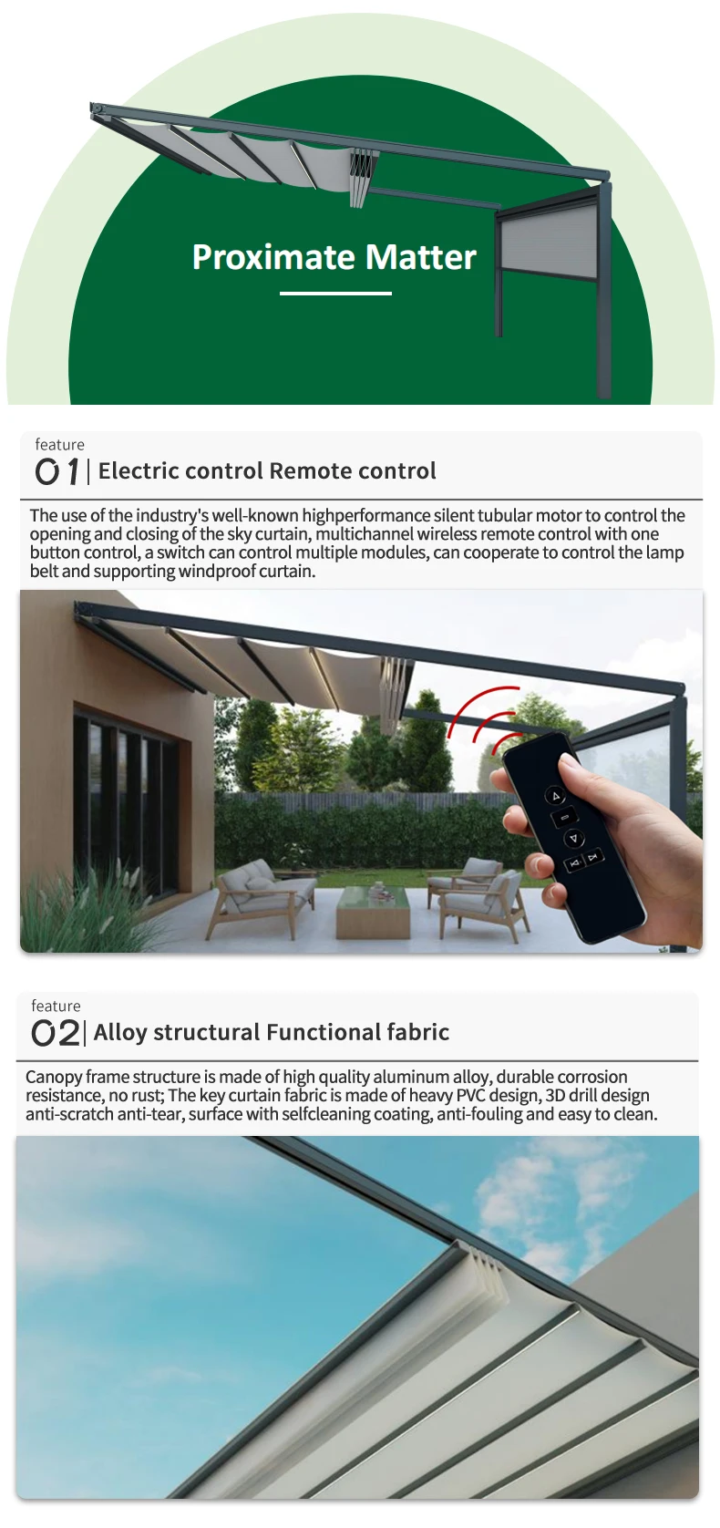 Waterproof PVC Folding Retractable Pergola Roof Awning