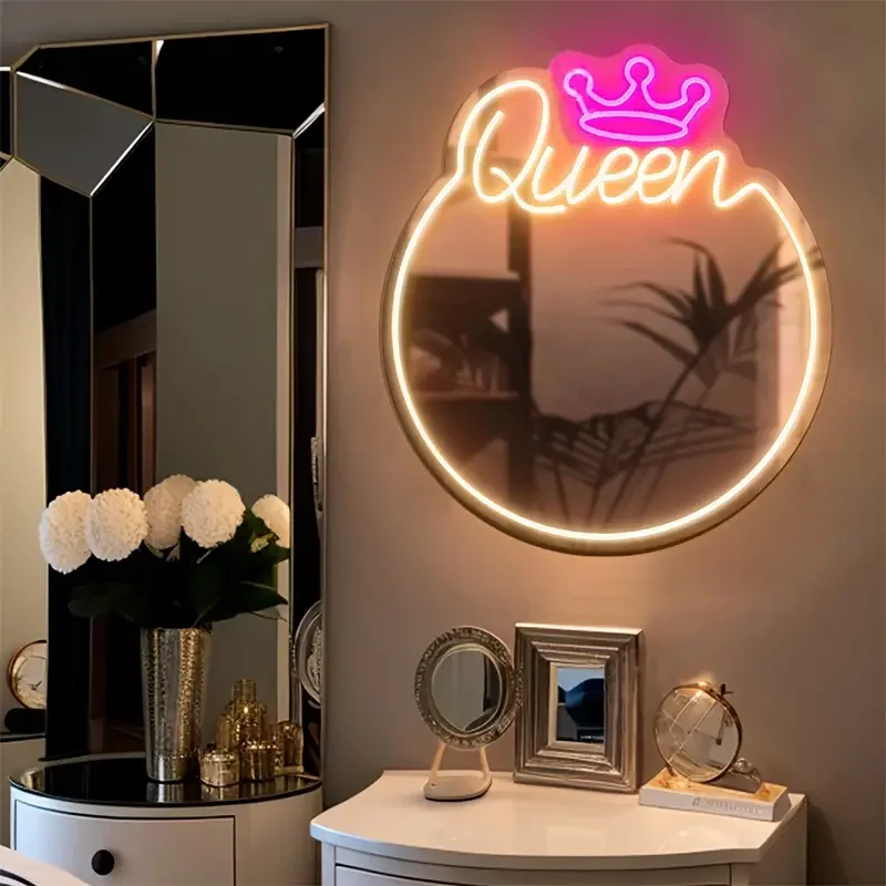 Queen Neon Sign Dimmable LED Wall Hanging Engraved Mirror for Home ...
