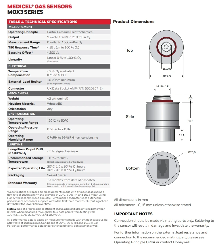 Mindray Mox3 Medical Oxygen Sensor & O2 Measurement Cell Oem