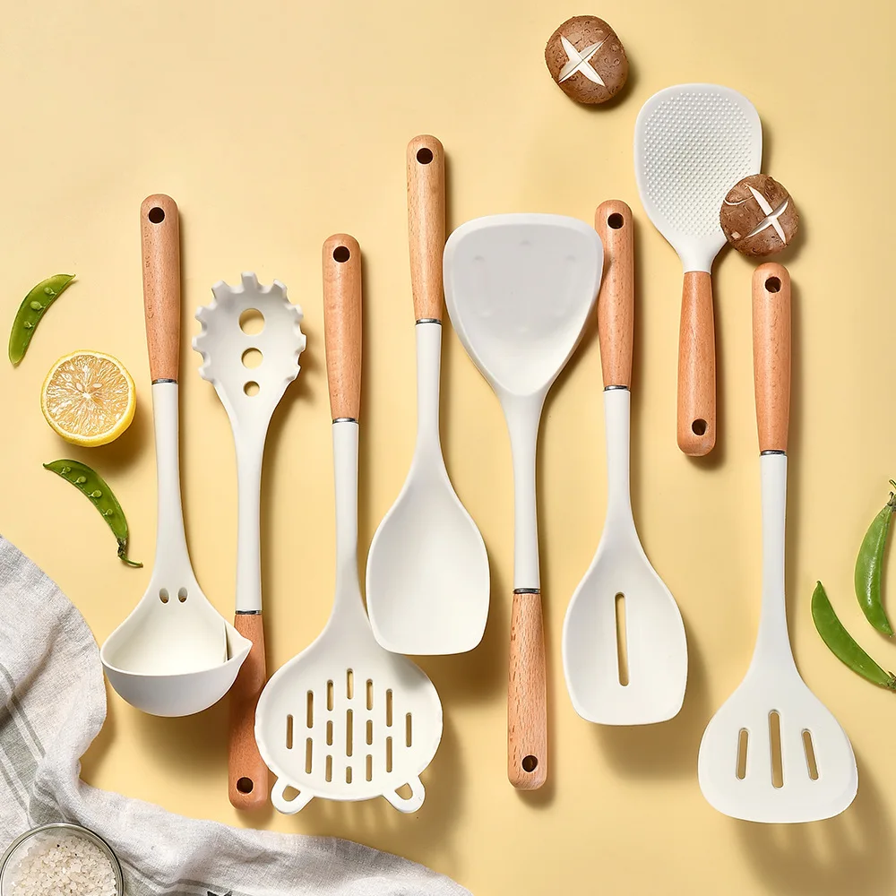 8-piece Household Cooking Tool Set Non-stick Oak Handle Silicone ...
