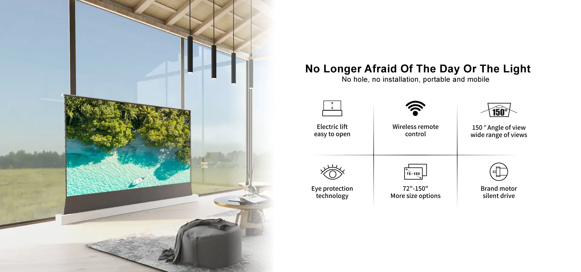 Motorized ALR Floor Rising Projector Screen 150 Inch for Home Theater