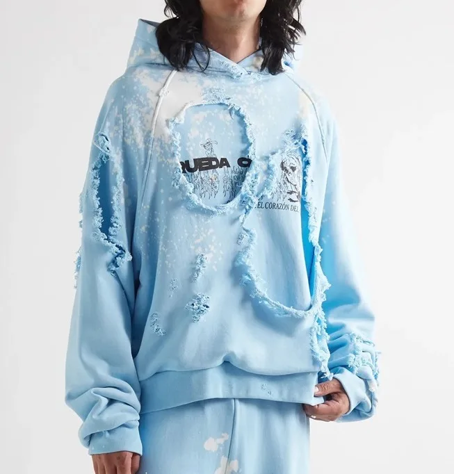 Custom Streetwear Hip Hop Oversized Distressed Ripped Hoodie For Men ...