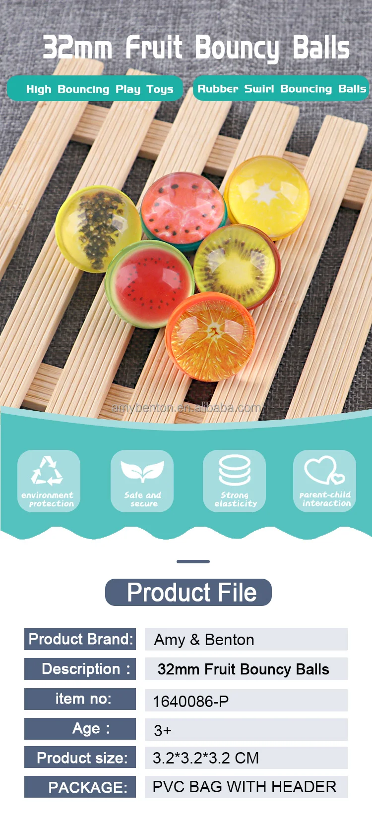 32mm Rubber Bouncy Balls Bulk Assorted Fruit Designs Rubber High ...