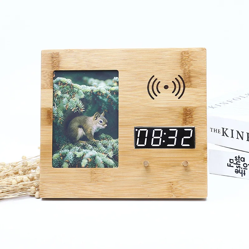 Bamboo Wood Digital Calendar Alarm Clock Photo Frame with Wireless ...