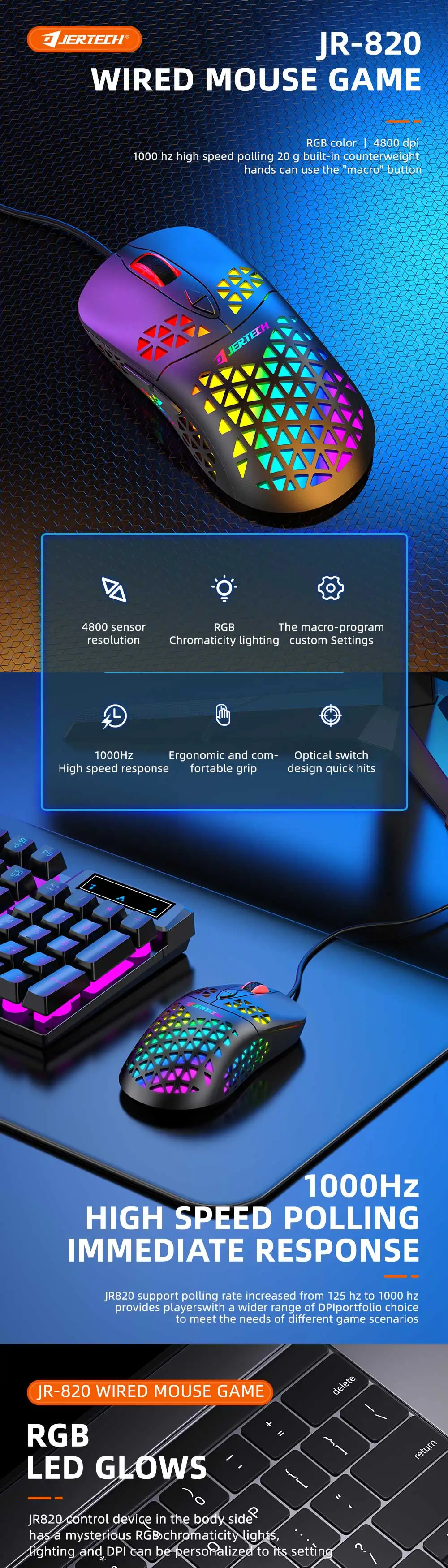 Jertech JR820 Gaming Mouse - 4800dpi, 7200dpi, RGB LED