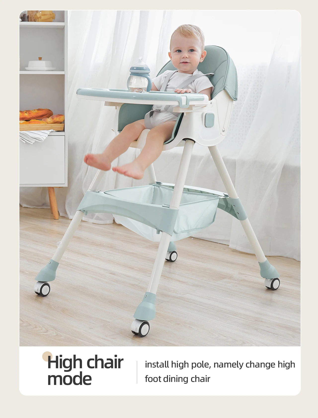 Baby Feeding Chair with Wheels - 3 in 1 Foldable Design