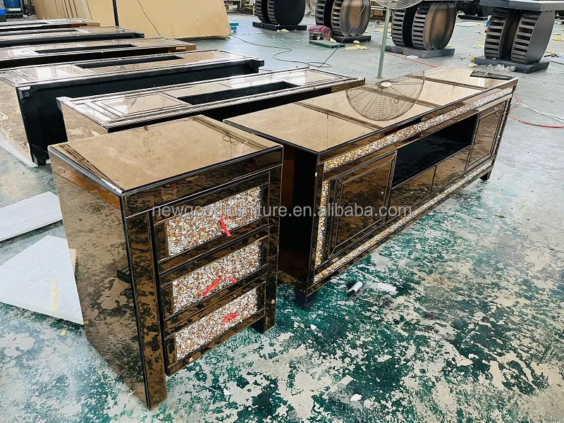 Luxury Crushed Diamond Mirrored TV Stand - LED Fireplace