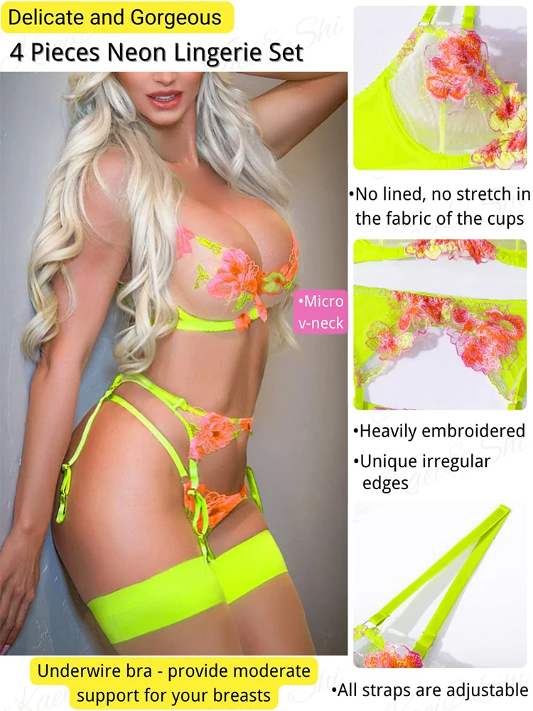 Women Floral Embroidered Sexy Lingerie Set With Panties Thong And Garter Belt Women Bra And ...