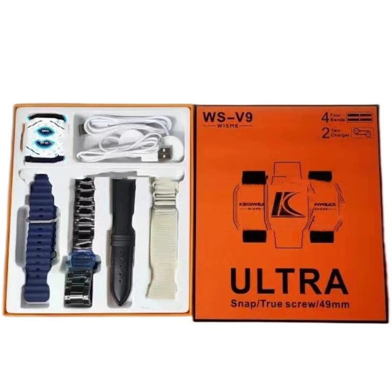 Ws V9 Ultra Smart Watch With 4 Straps 2 Wireless Charging Gift Box For ...