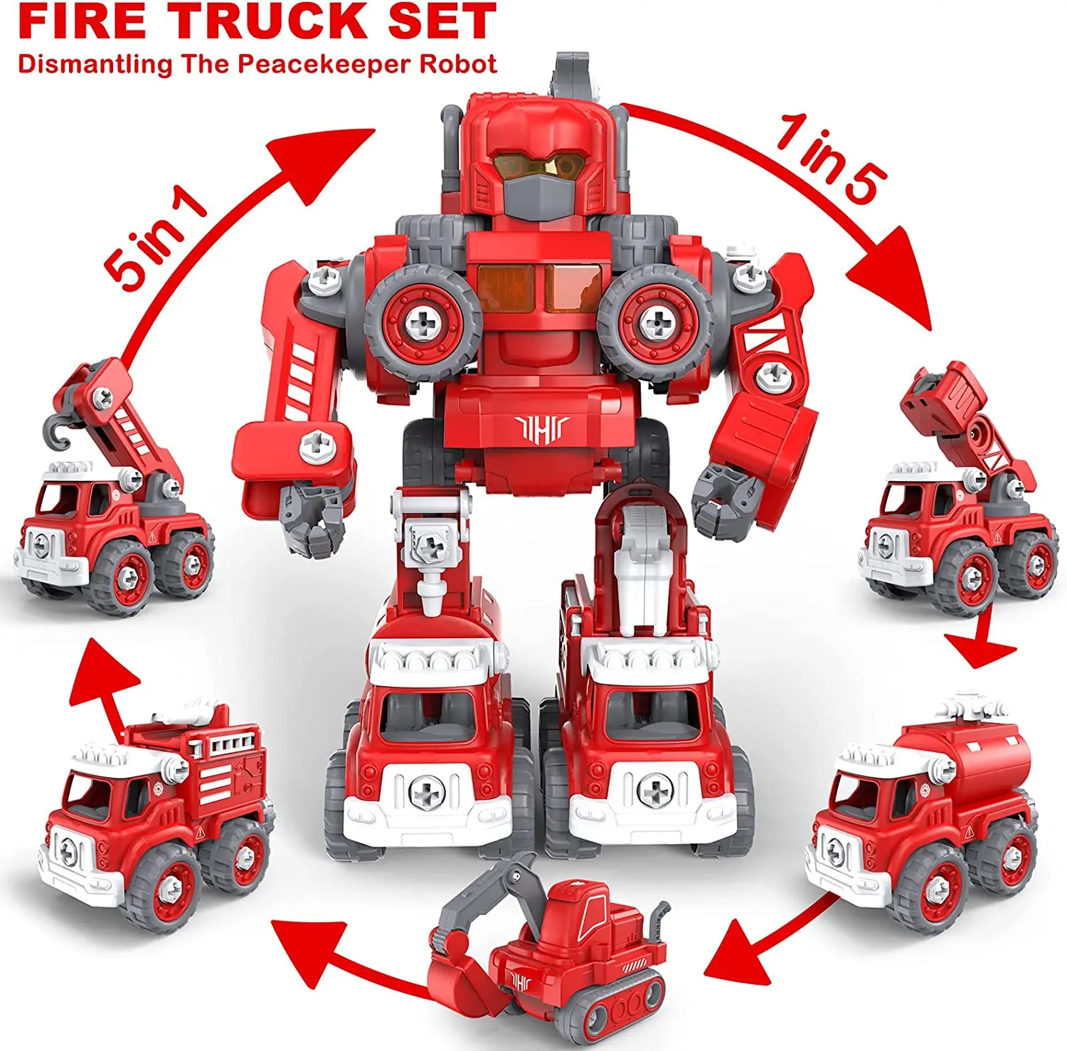 Take Apart Robot Stem Toy Children 5 Vehicles In 1 Fire Truck Transform ...