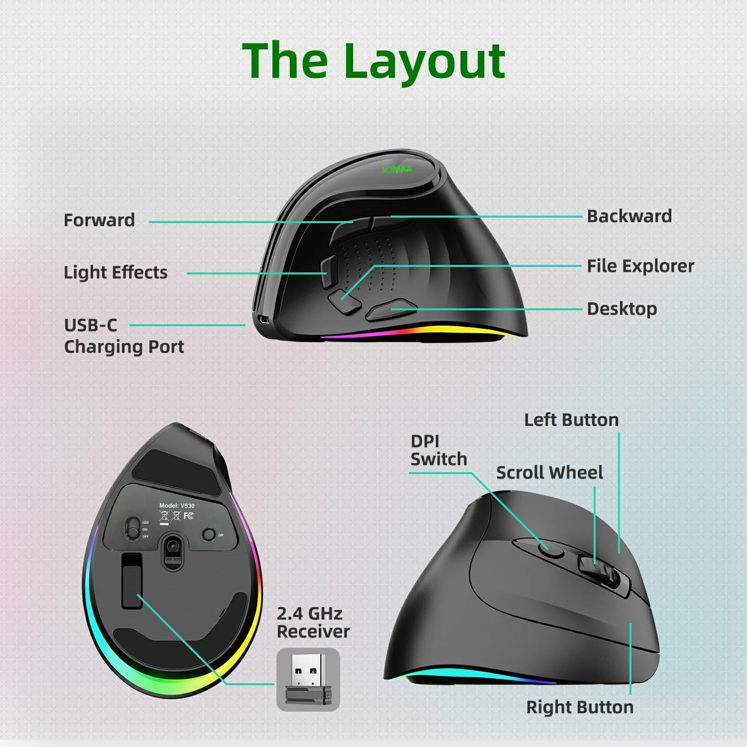 Ergonomic Vertical Wireless Mouse with RGB Backlit & 4000 CPI