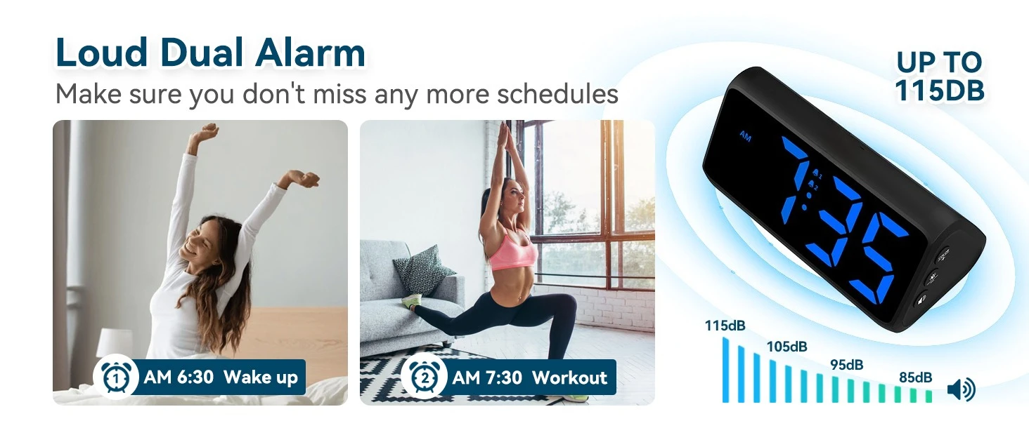 Netzu Loud Alarm Clock for Heavy Sleepers, Plug-in RGB Vibrating Alarm ...