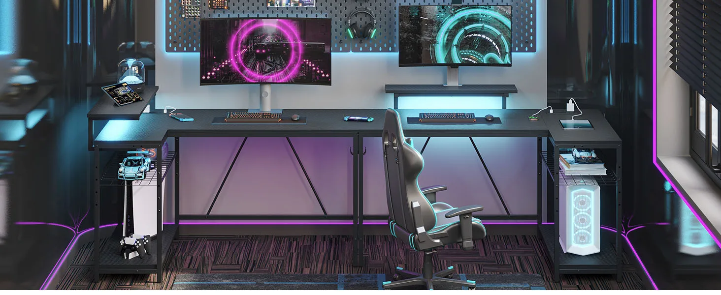 Small Corner L Shaped Gaming Desk With Power Outlets Reversible ...