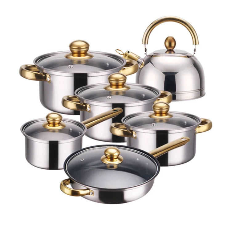 Stainless steel pot set non-stick pan 12-piece set gold-plated handle ...