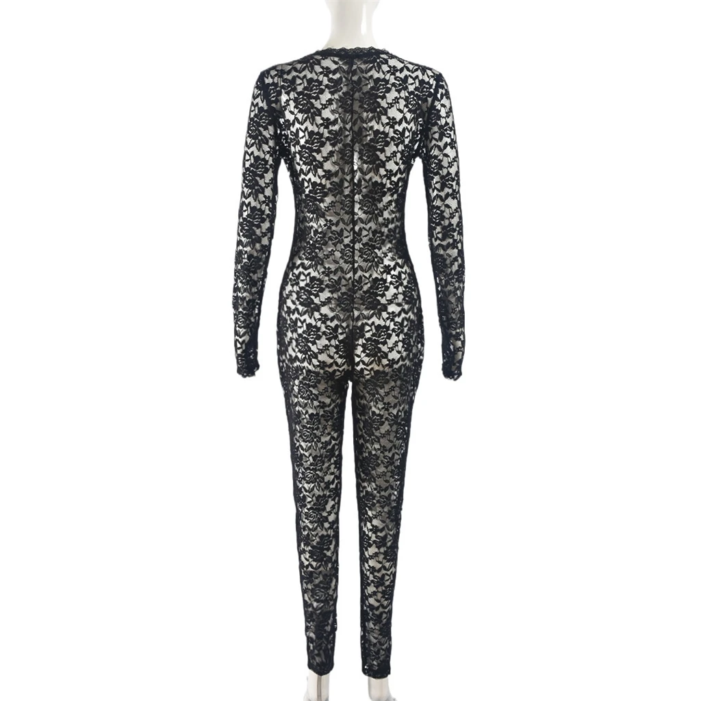 ZHEZHE Women's Casual Black Lace Jumpsuit - Deep V-neck
