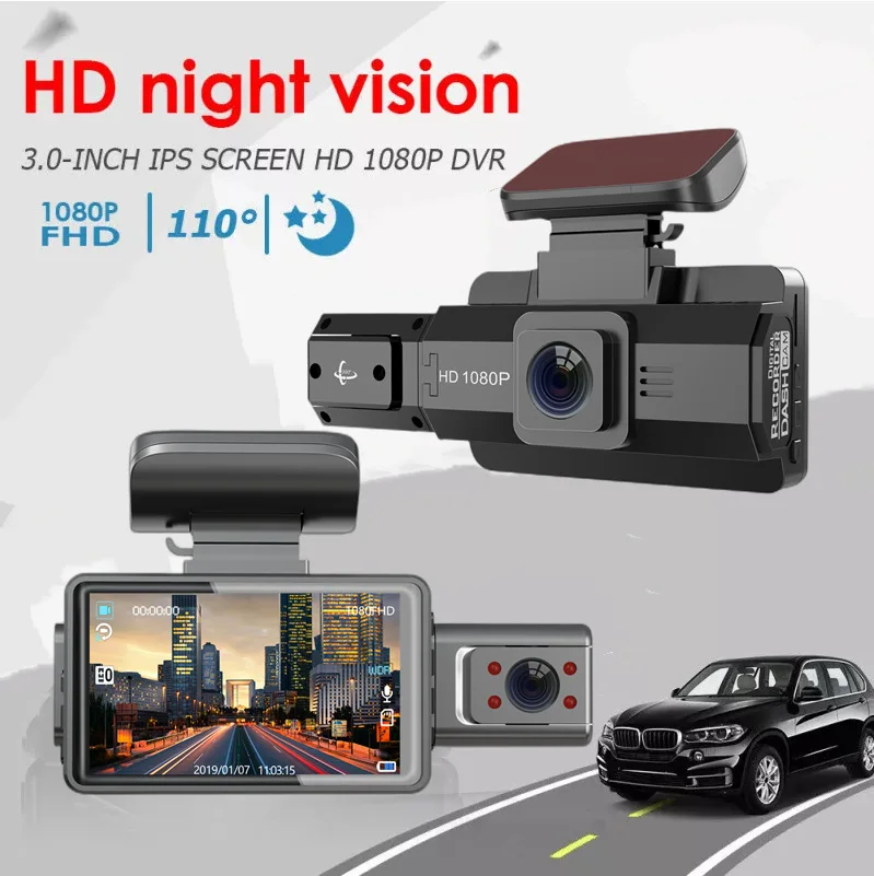Dash Cam 3" IPS Screen Car 1080P Resolution Dual Lens Night Vision Loop ...