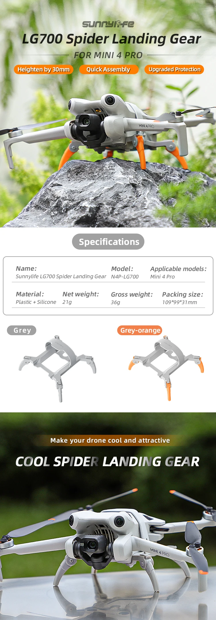Sunnylife LG700 Landing Gear Heightened Spider Gears Extensions Support ...