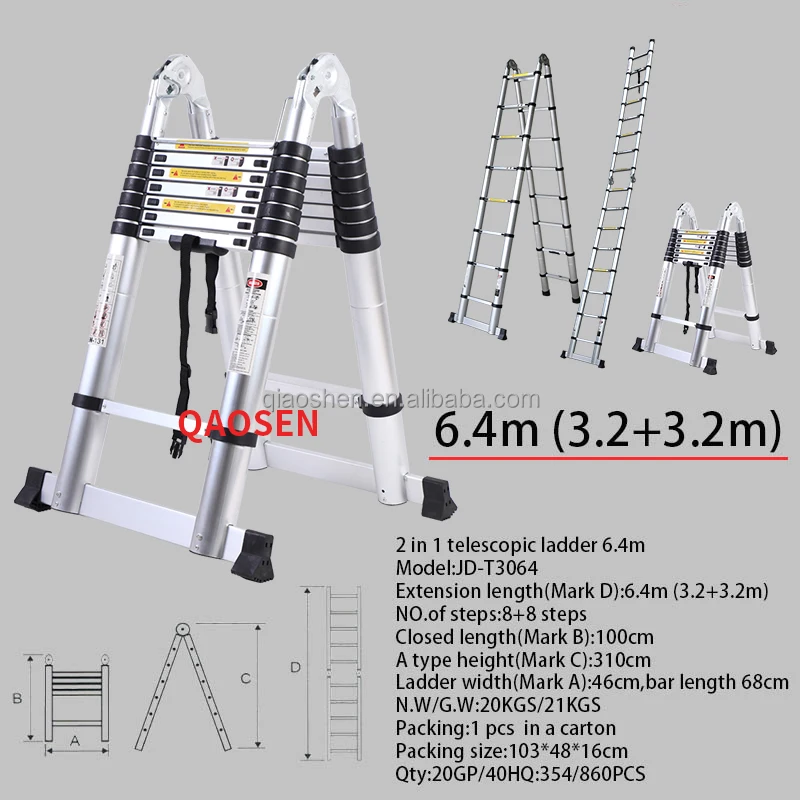 3.2m+3.2m Silver 2 in 1 A-Type Aluminum Industrial Outdoor Alloy Ladder ...
