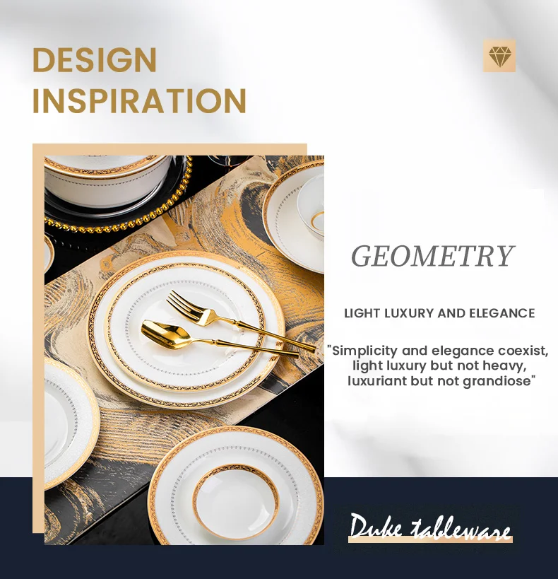 Nordic Porcelain Dinnerware Luxury White Gold Rim Bone China Dinnerware ...