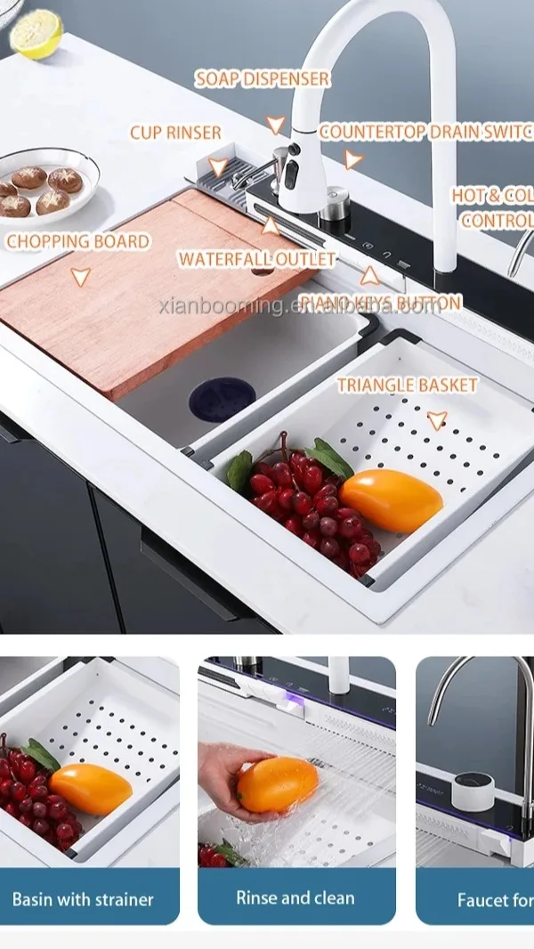 Booming White New Design Waterfall Kitchen Sink Stainless Steel Sinks Function Kitchen Multi ...