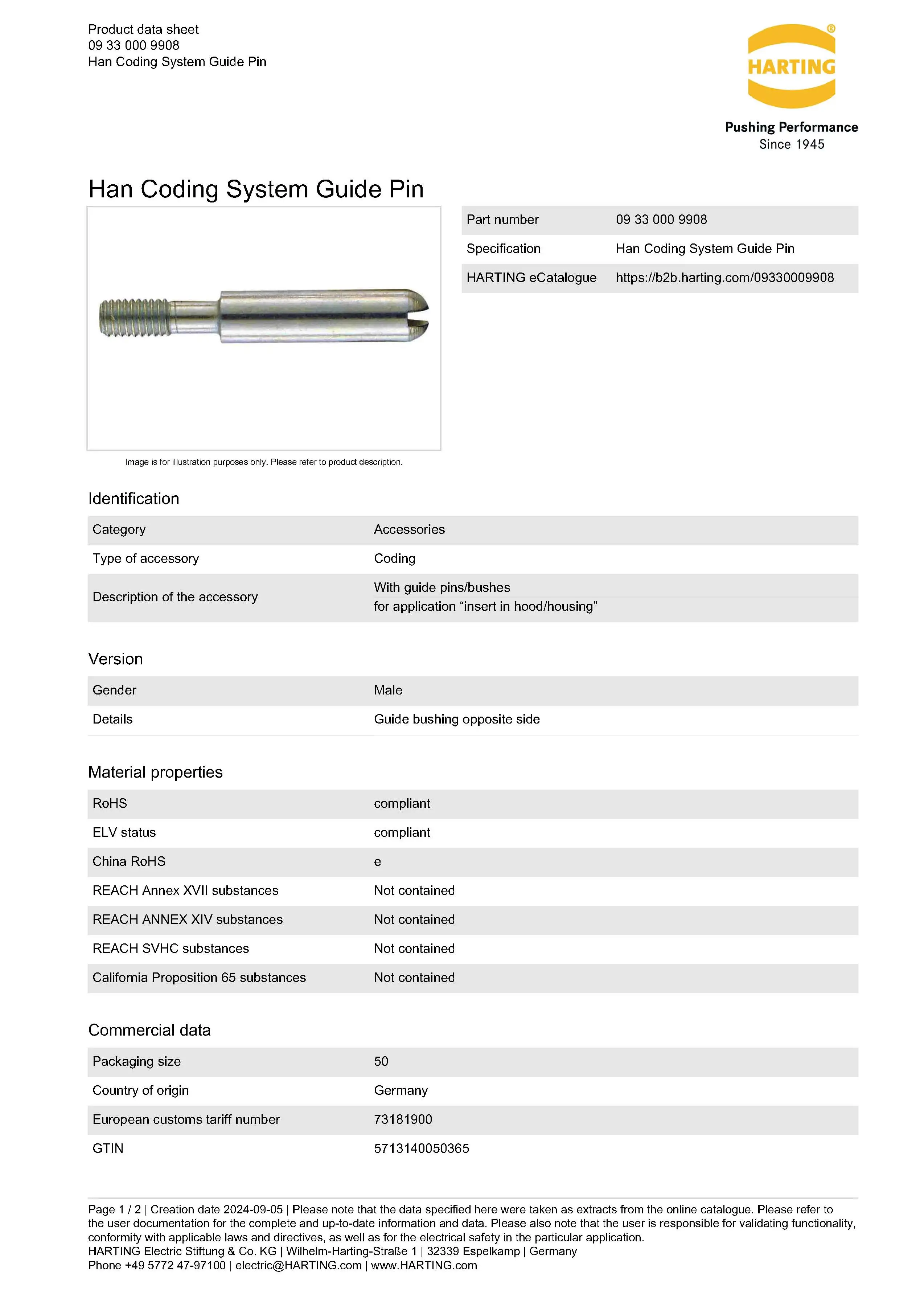 Harting 09330009908 Han CODING SYSTEM GUIDE PIN Male Standard Guide Pin ...